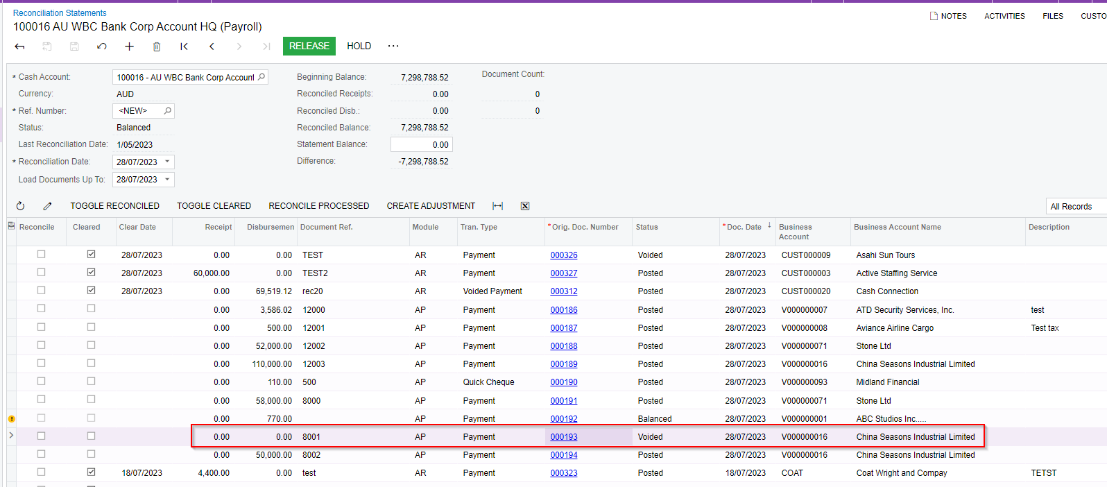 Troubleshooting voided transactions on reconciliations
